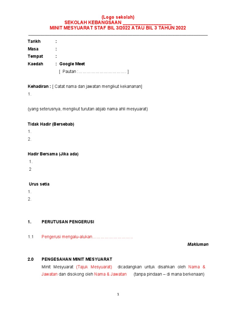Contoh Format Minit Mesyuarat - 2 | PDF