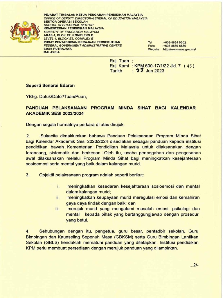 Surat Panduan Pelaksanaan Program Minda Sihat 2023-1 | PDF