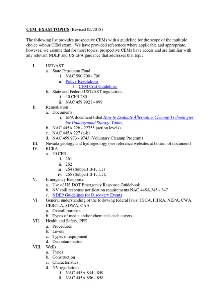 CEM EXAM TOPICS Updated 5.18.18 | PDF | Environmental Remediation ...