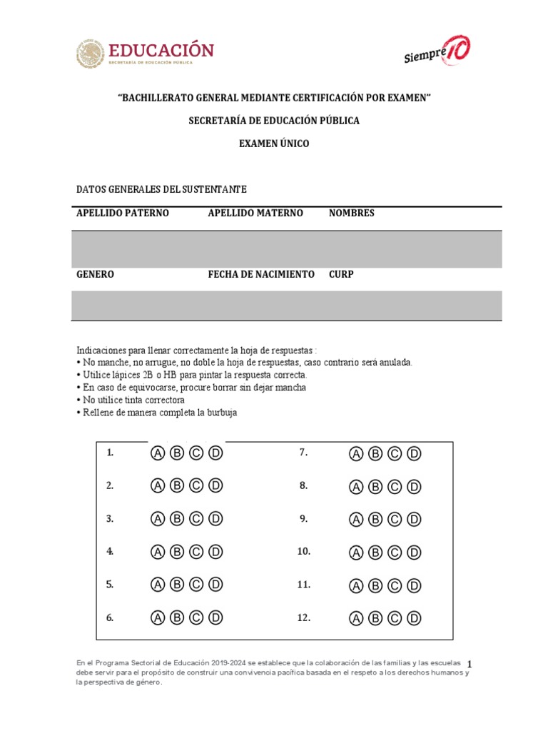 Hoja de Respuestas Del Examen | PDF