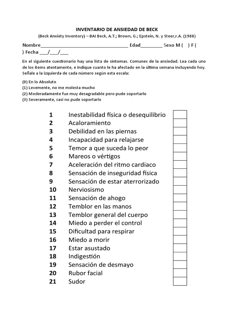 INVENTARIO DE ANSIEDAD DE BECK hoja de aplicacion | PDF