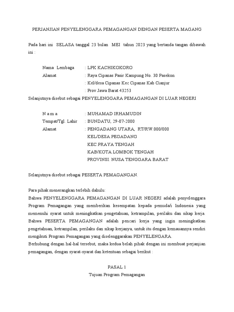 Surat Perjanjian Pemagangan Muhamad Irhamudin | PDF