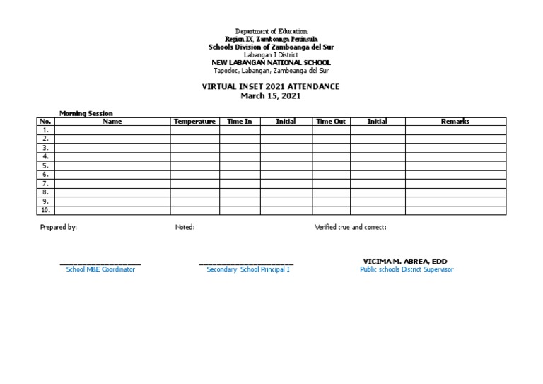 Attendance Template For INSET | PDF