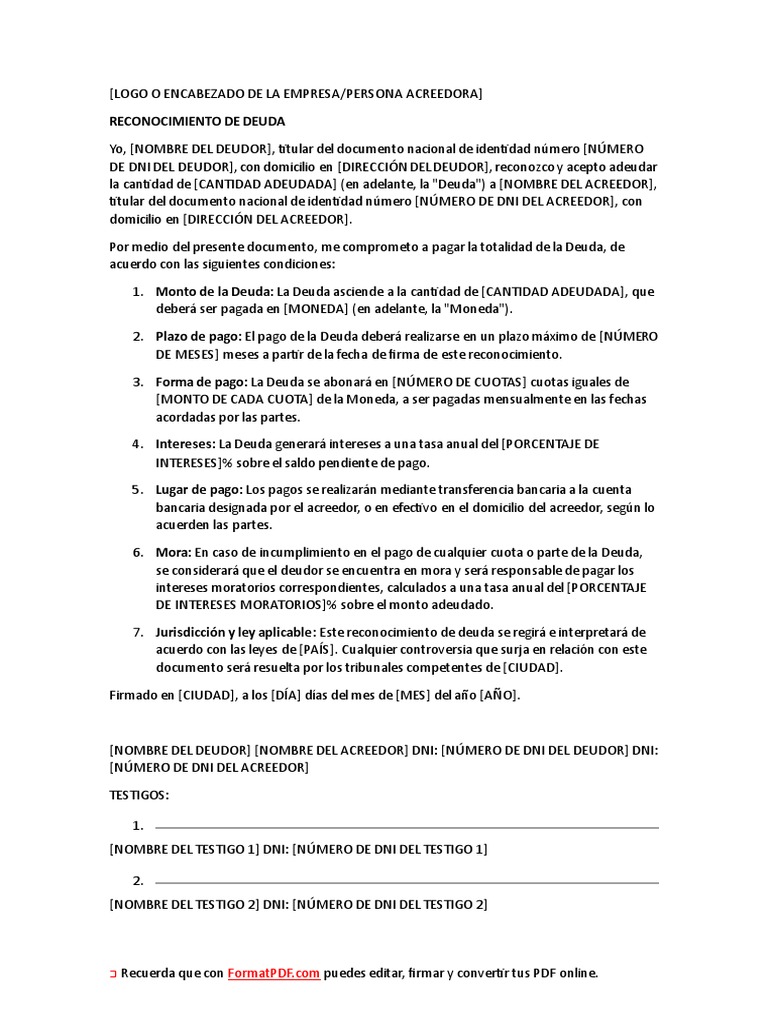 Modelo de Documento de Reconocimiento de Deuda en PDF Online | PDF