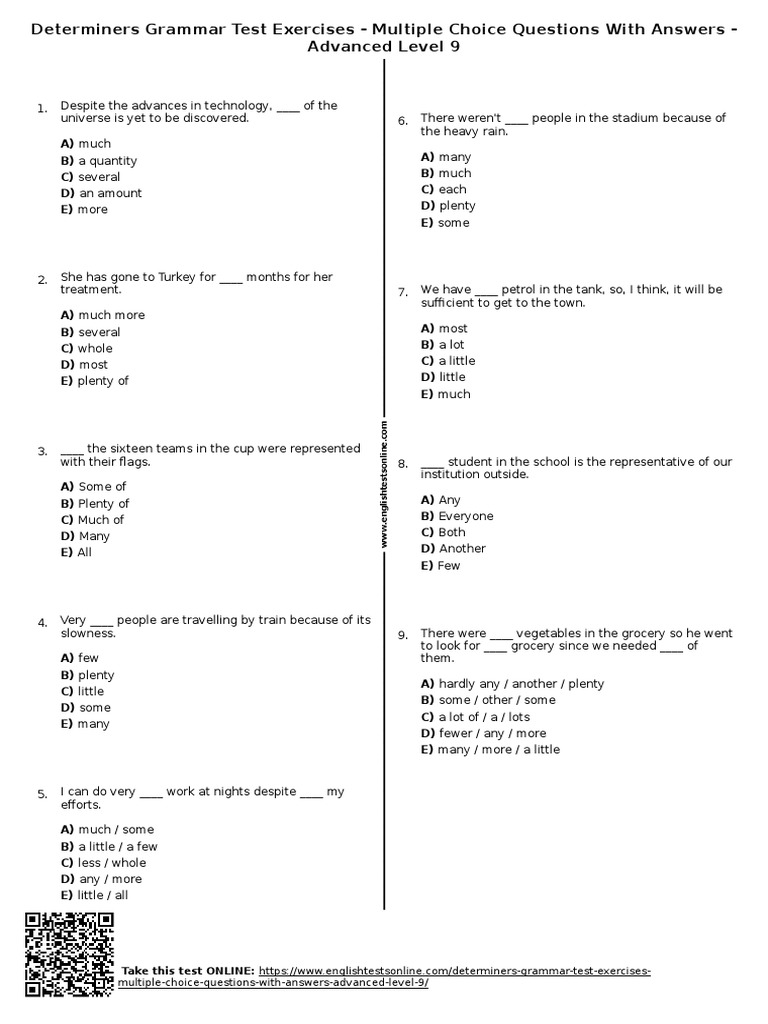 Advanced Determiners Grammar Test | PDF | Multiple Choice