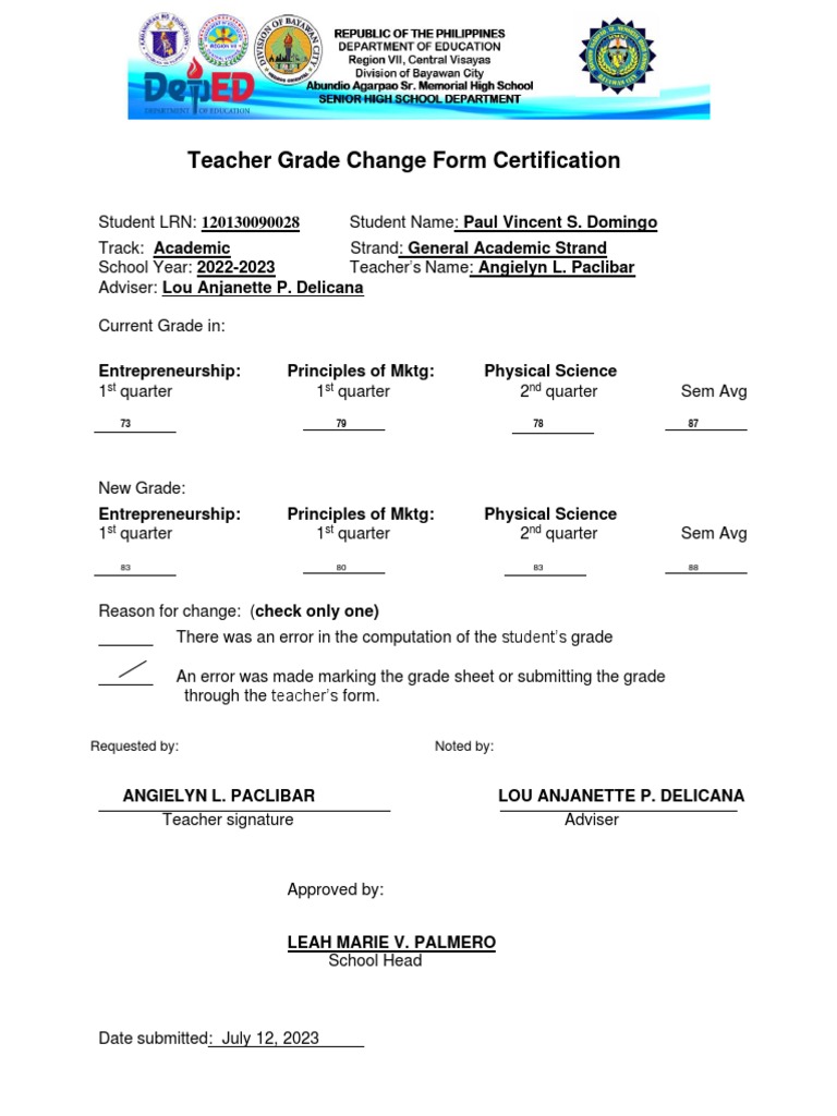 Change Grade Form | PDF