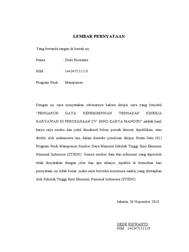 Lembar Pernyataan Bebas Plagiarisme | PDF