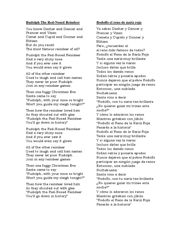 Letra de Rodolfo el Reno en inglés y español | PDF | Reno de santa ...