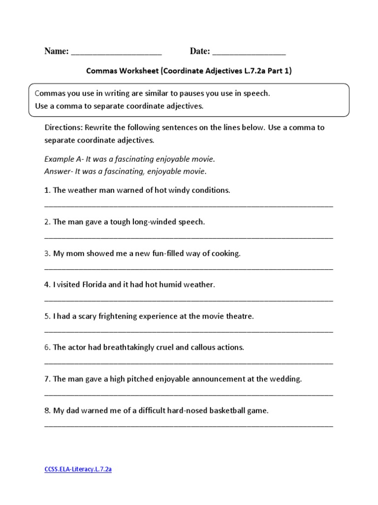 Coordinate Adjectives Comma Usage Worksheet | PDF | Language Arts & Discipline