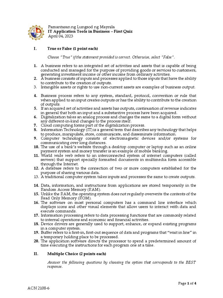 IT Application Tools in Business (ACN 2108-6) - First Quiz NO ANSWER | PDF | Input/Output ...