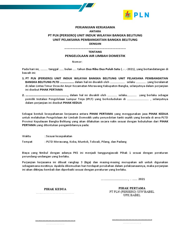 Draft MoU Pengelolaan Air Limbah Domestik PLN | PDF