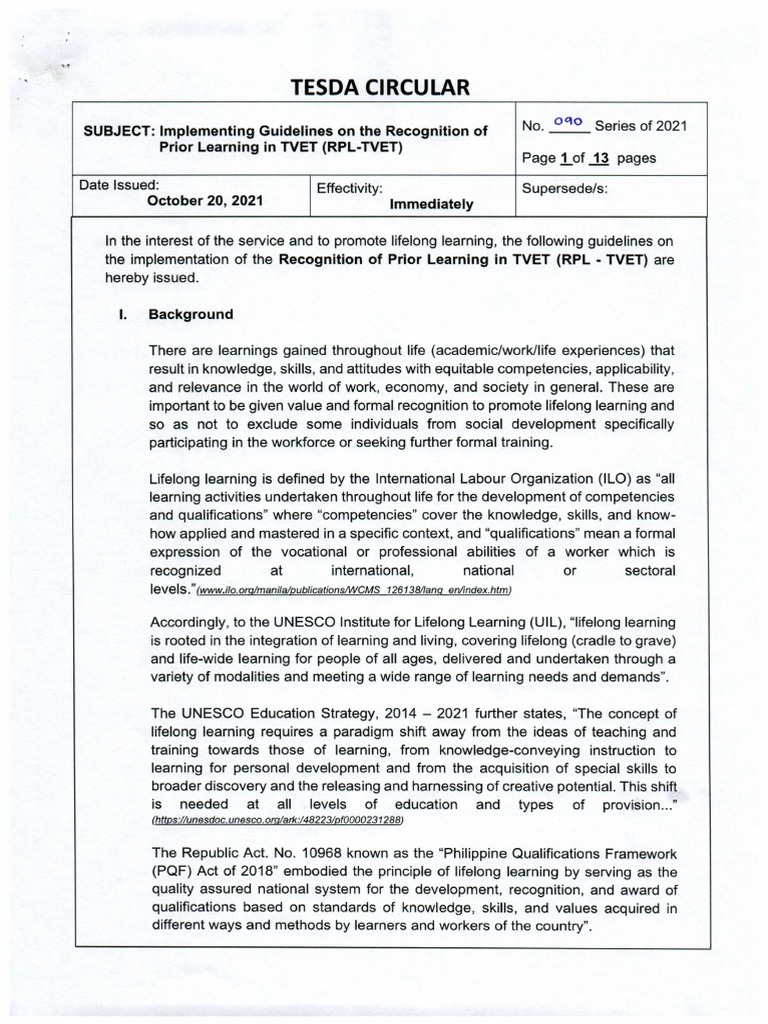TESDA Circular No. 090-2021 | PDF | Lifelong Learning | Learning