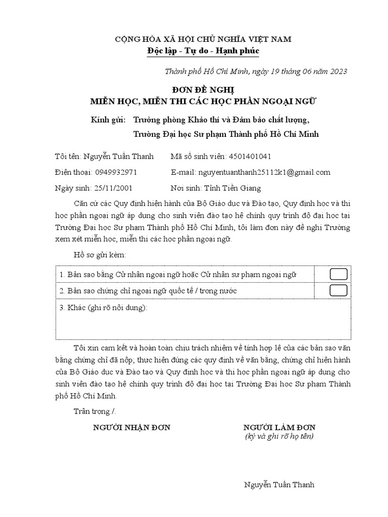 Mau Don Xin Mien Hoc Mien Thi Ngoai Ngu | PDF