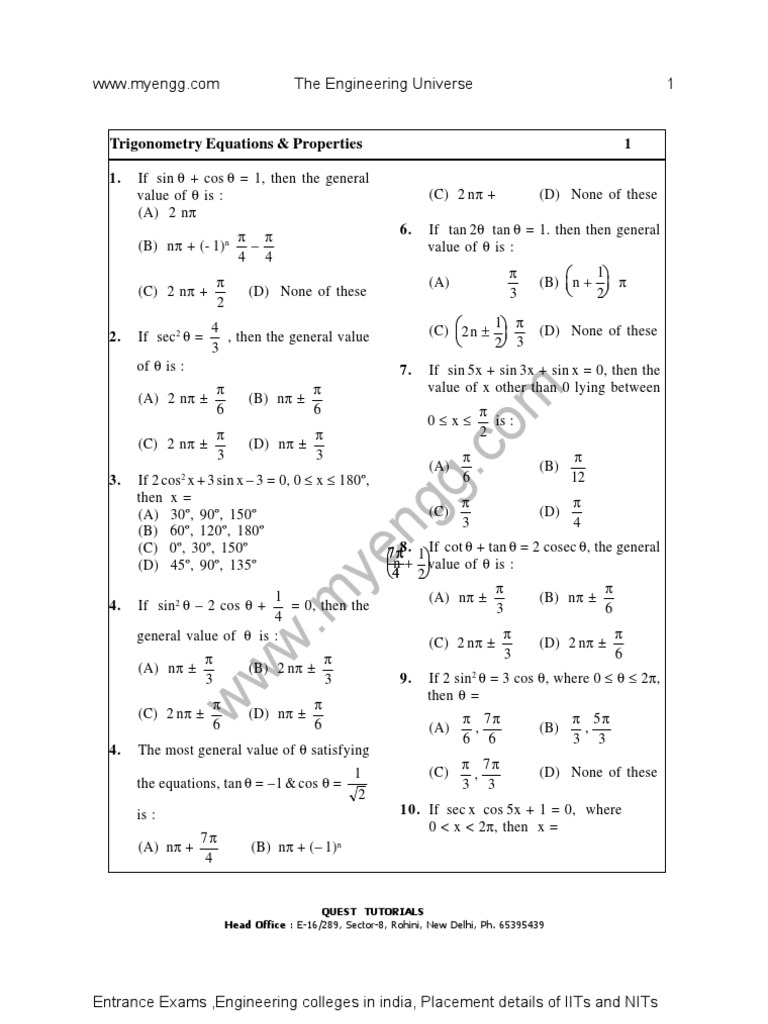 Trigo Eqns & Prop of Triangles Qns | PDF | Triangle | Trigonometric Functions