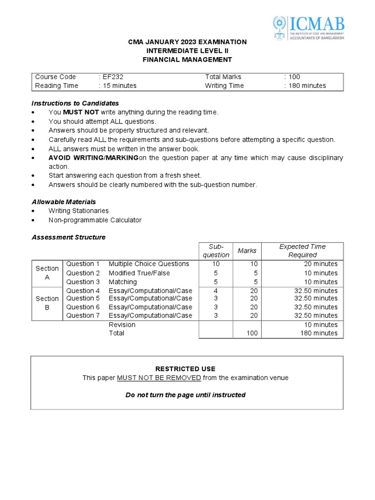 4.EF232.FIM (IL-II) Question CMA January-2023 Exam. | PDF | Stocks ...