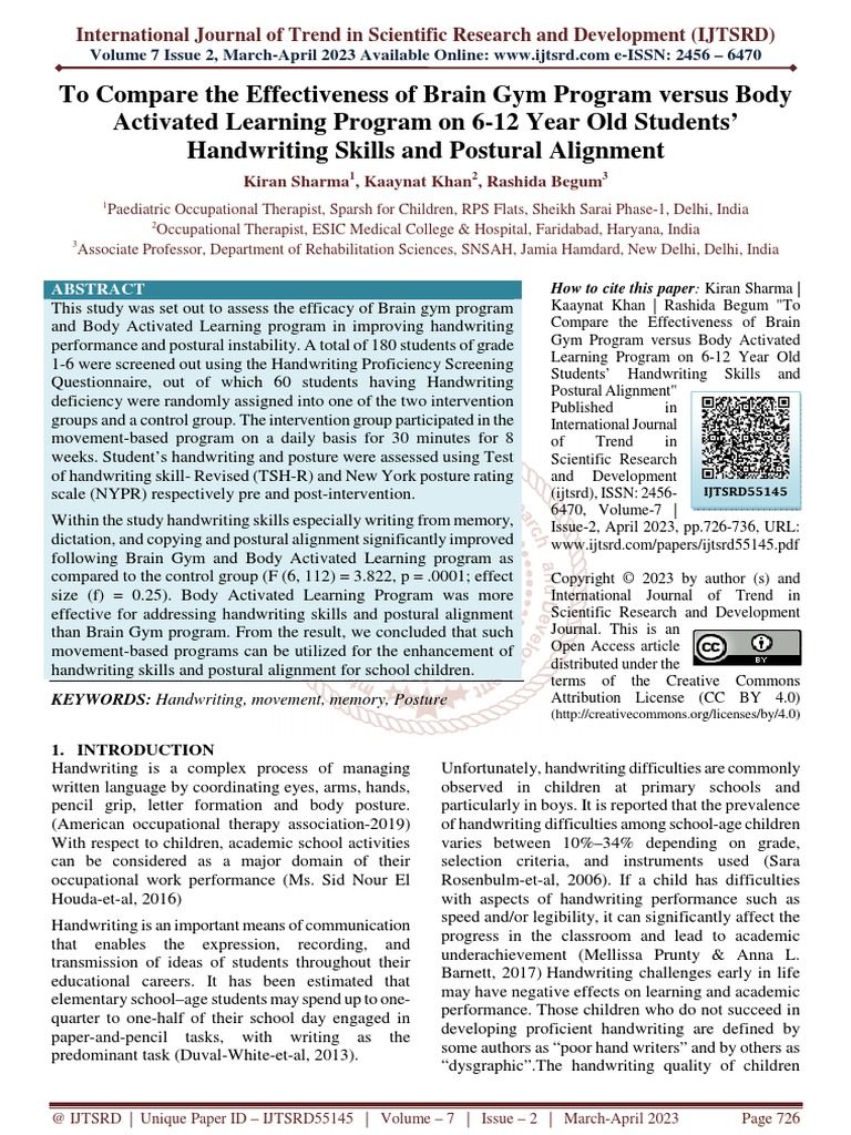 To Compare The Effectiveness of Brain Gym Program Versus Body Activated Learning Program On 6-12 ...