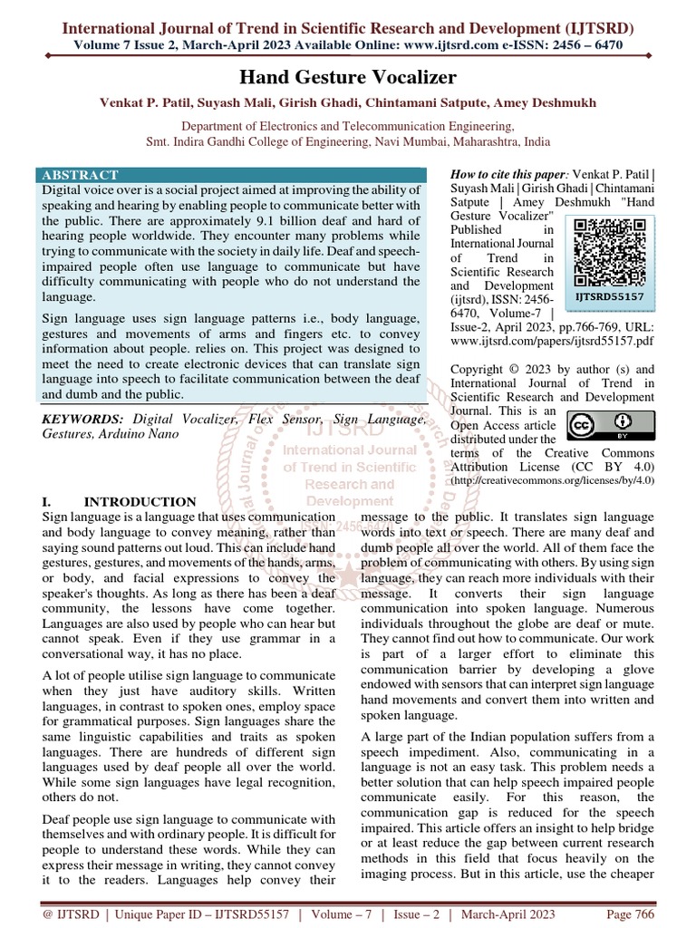 Hand Gesture Vocalizer Pdf Sign Language Microcontroller 