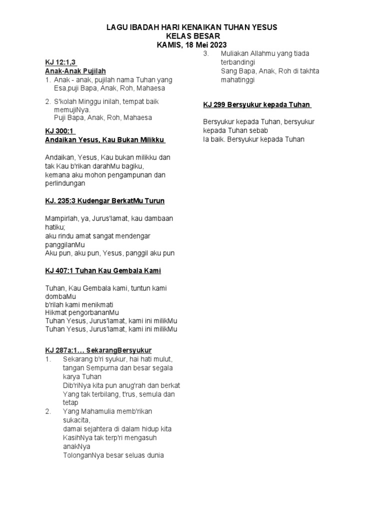 LAGU IBADAH KB 18 Mei 2023 | PDF