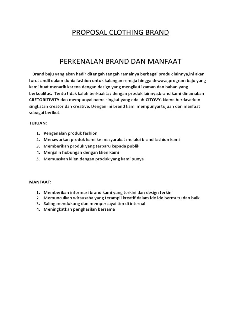 PROPOSAL CLOTHING BRAND CRETORITIVITY (CITOVY) - Dikonversi | PDF