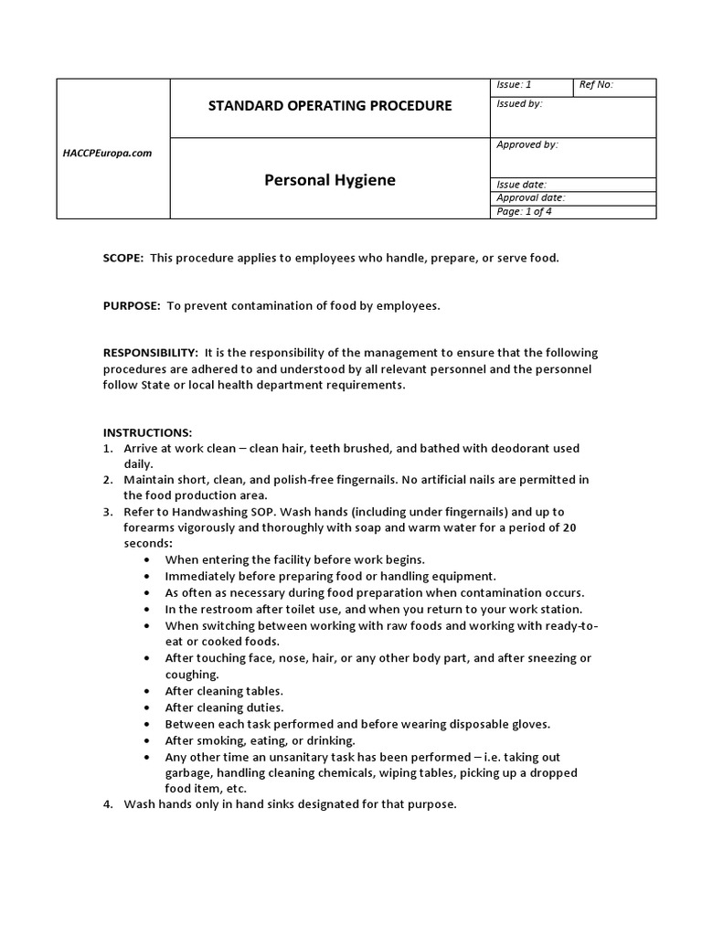 SOP Personal Hygiene | PDF | Hand Washing | Hygiene