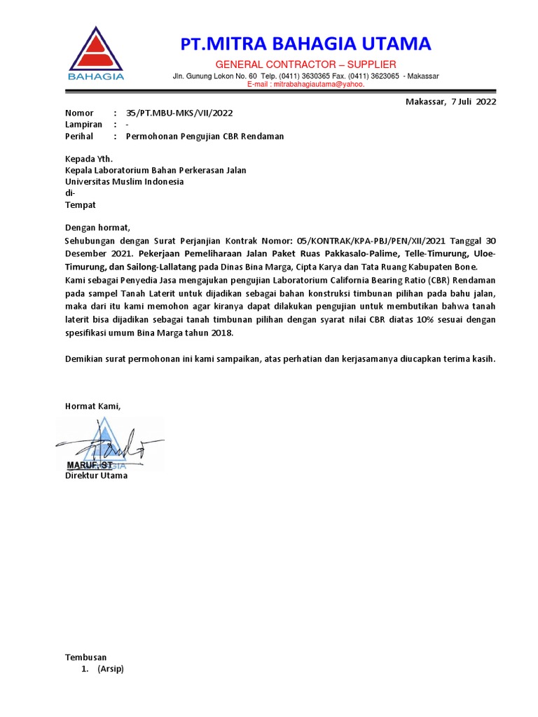 SUrat Pengujian CBR Rendaman PT - Mbu | PDF | Sains & Matematika