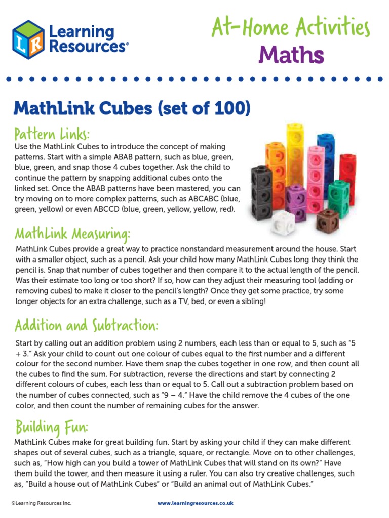At-Home Activities Math MathLink Cubes Set of 100 | PDF