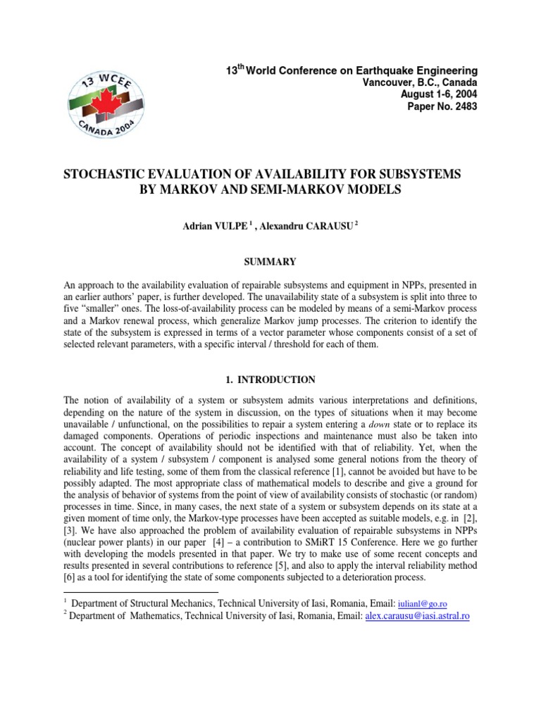 Stochastic Evaluation of Availability For Subsystems by Markov and Semi-Markov Models | PDF ...