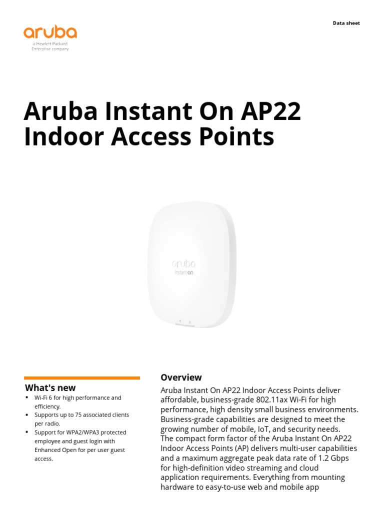 Aruba Instant On AP22 Datasheet | Download Free PDF | Wi Fi | Wireless Access Point