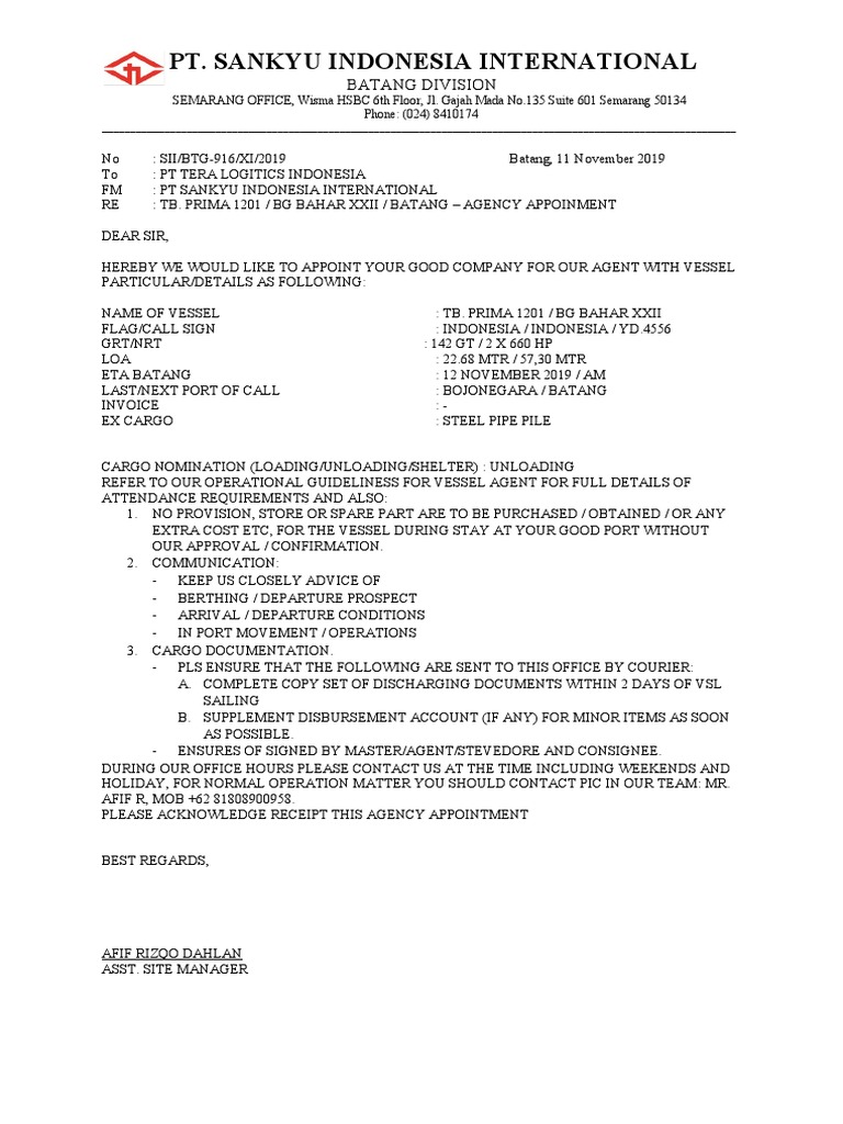 Agency Appointment Letter For TB. Prima 1201 | PDF | Ships | Transport