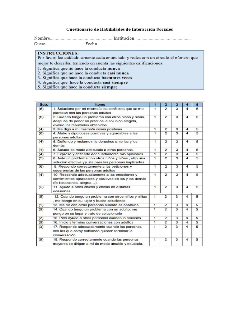 Cuestionario de Habilidades de Interacción Sociales | PDF | Crecimiento personal y profesional ...