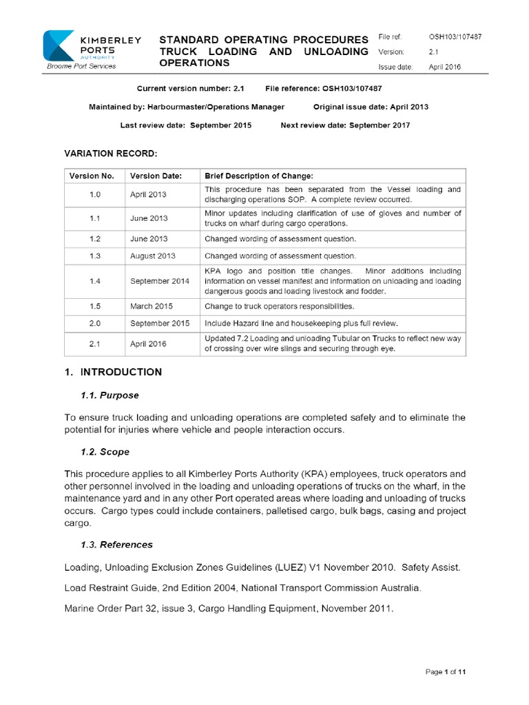 Standard Operating Procedures Truck Loading and | PDF