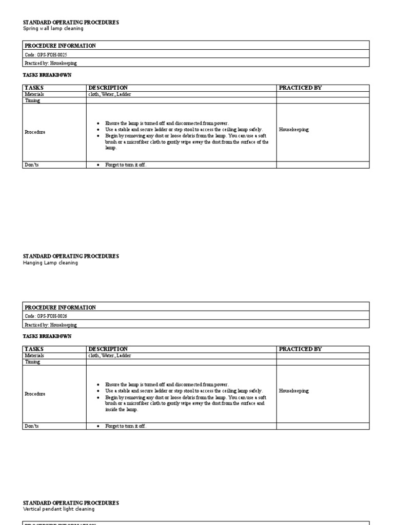 Standard Operating Procedures: Spring Wall Lamp Cleaning | PDF ...