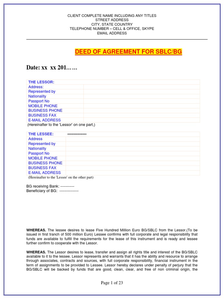 Deed of Agreement For SBL | PDF | Lease | Letter Of Credit