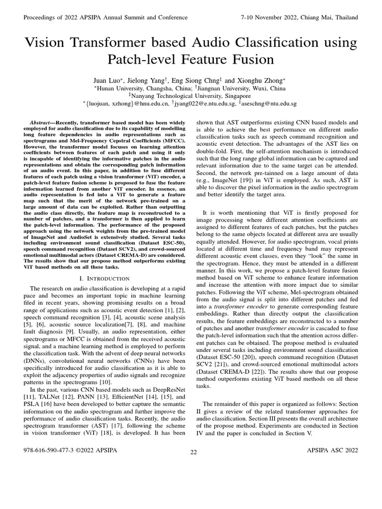 Vision Transformer Based Audio Classification Using Patch-Level Feature Fusion | PDF | Deep ...