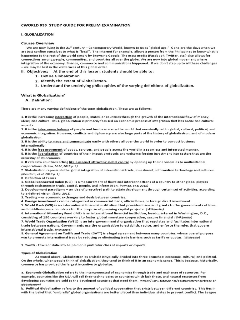 Cworld 030 Study Guide For Prelim Examination | PDF | Globalization | Global Governance