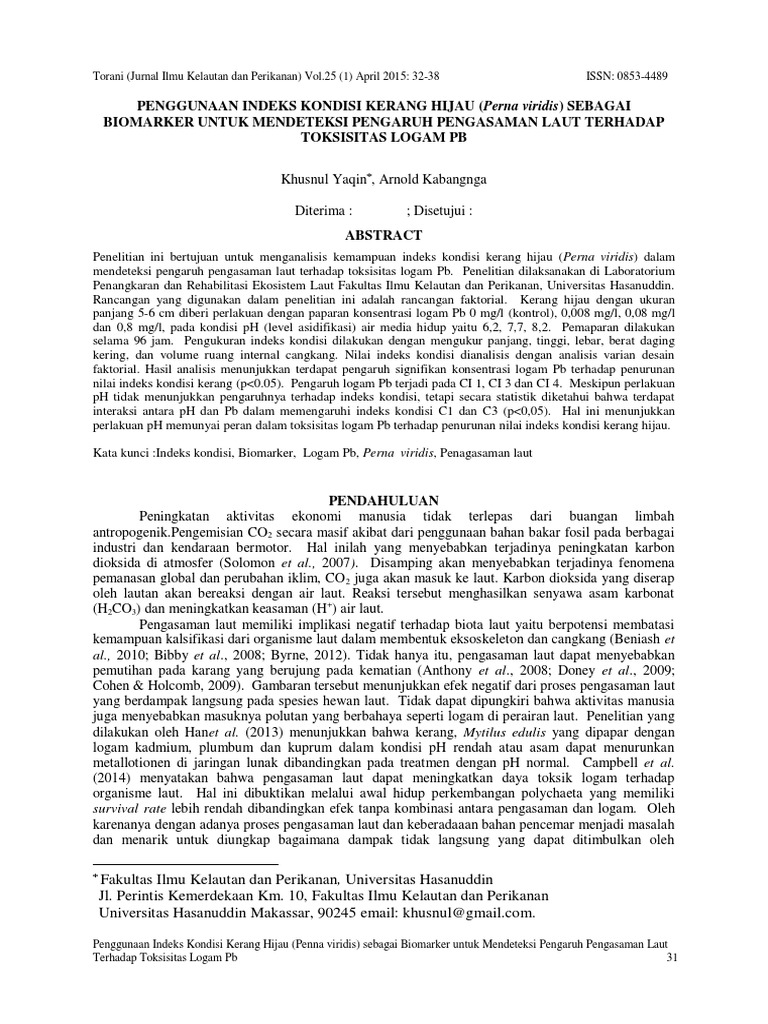 PENGGUNAAN INDEKS KONDISI KERANG HIJAU (Perna Viridis) | PDF