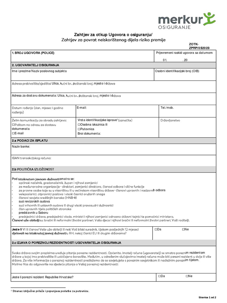 Zahtjev Za Otkup Ili Povrat Neiskorištenog Dijela Riziko Premije Po ...