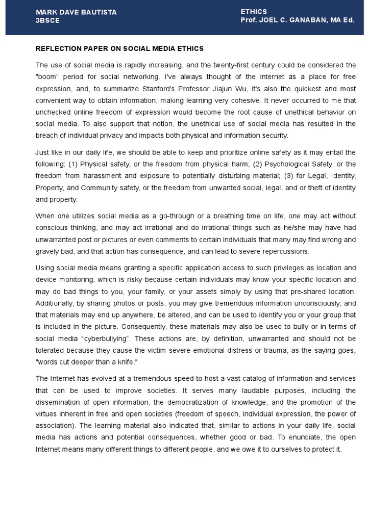 Reflection Paper On Social Media Ethics | Download Free PDF | Social ...