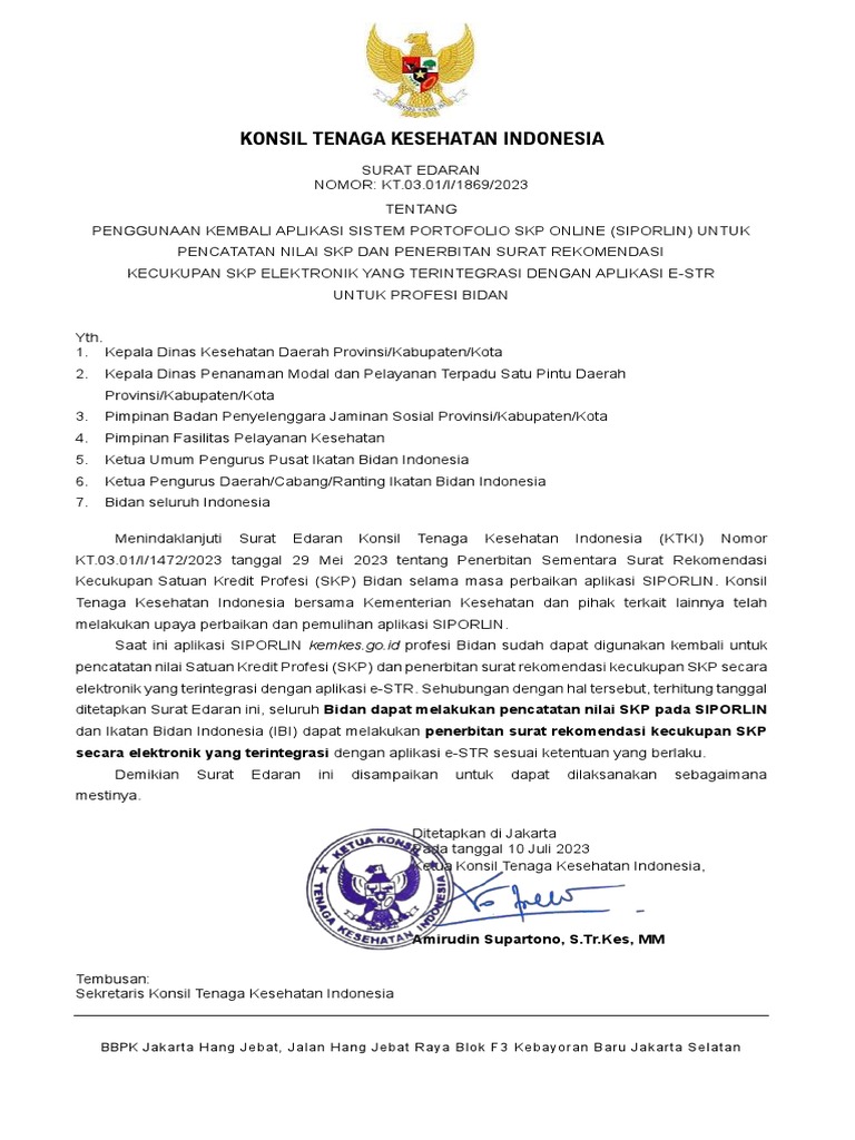 Surat Edaran KTKI Siporlin Bidan | PDF
