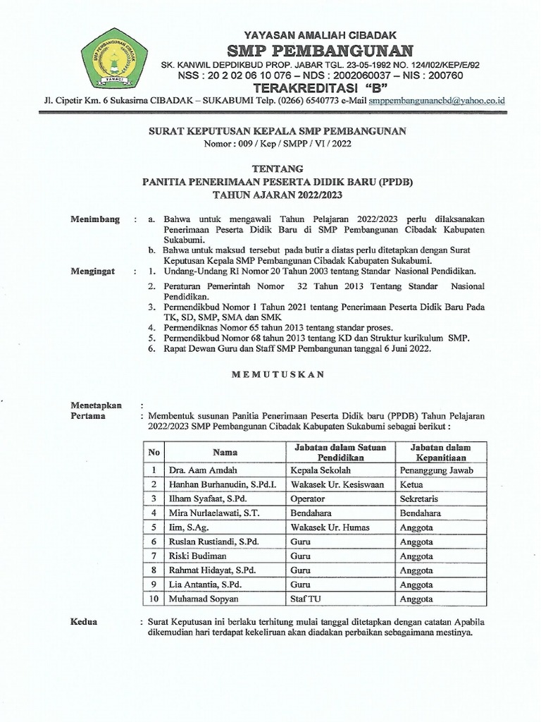 SK Panitia PPDB Tahun Pelajaran 2022-2023 | PDF