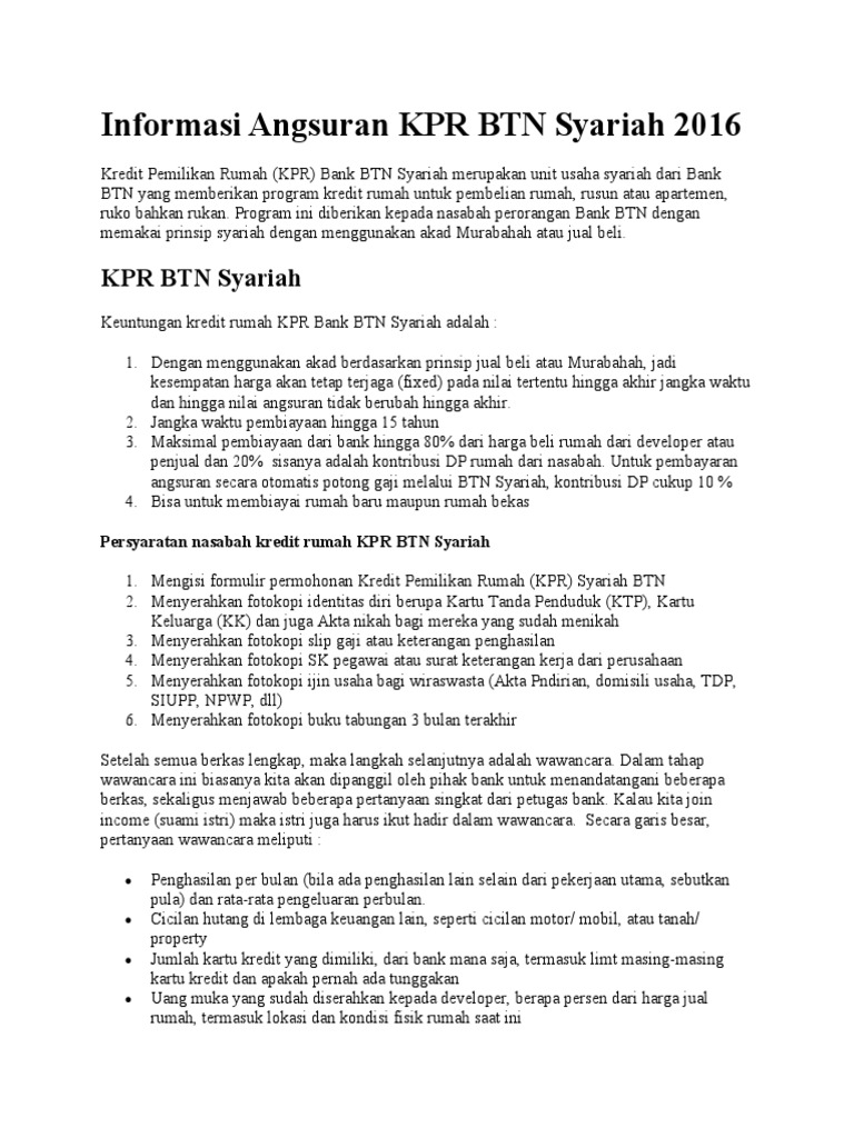 Informasi Angsuran KPR BTN Syariah 2016-2017 | PDF