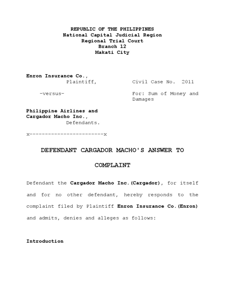 Answer Pleading | Complaint | Damages