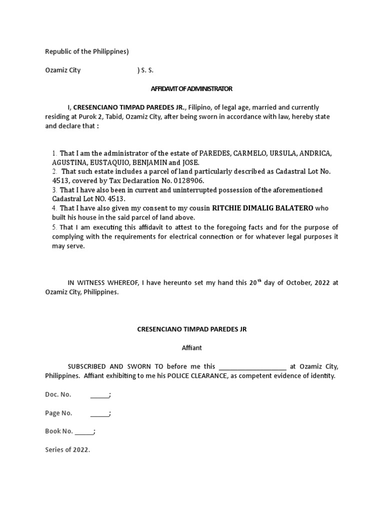 Affidavit of Administrator For Electric Connection | PDF