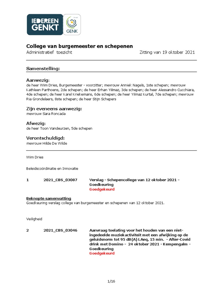 Besluitenlijst College Burgemeester en Schepenen 19 Oktober 2021 | PDF