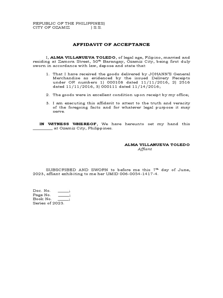 Affidavit of Acceptance - Toledo | PDF