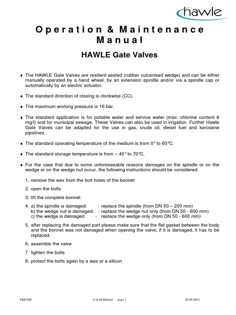 HAWLE Gate Valve Operation Manual | PDF | Valve | Gas Technologies