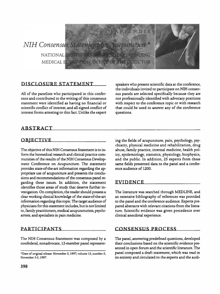 Appendix NIH Consensus Statement On Acupuncture 2002 Contemporary Chin ...