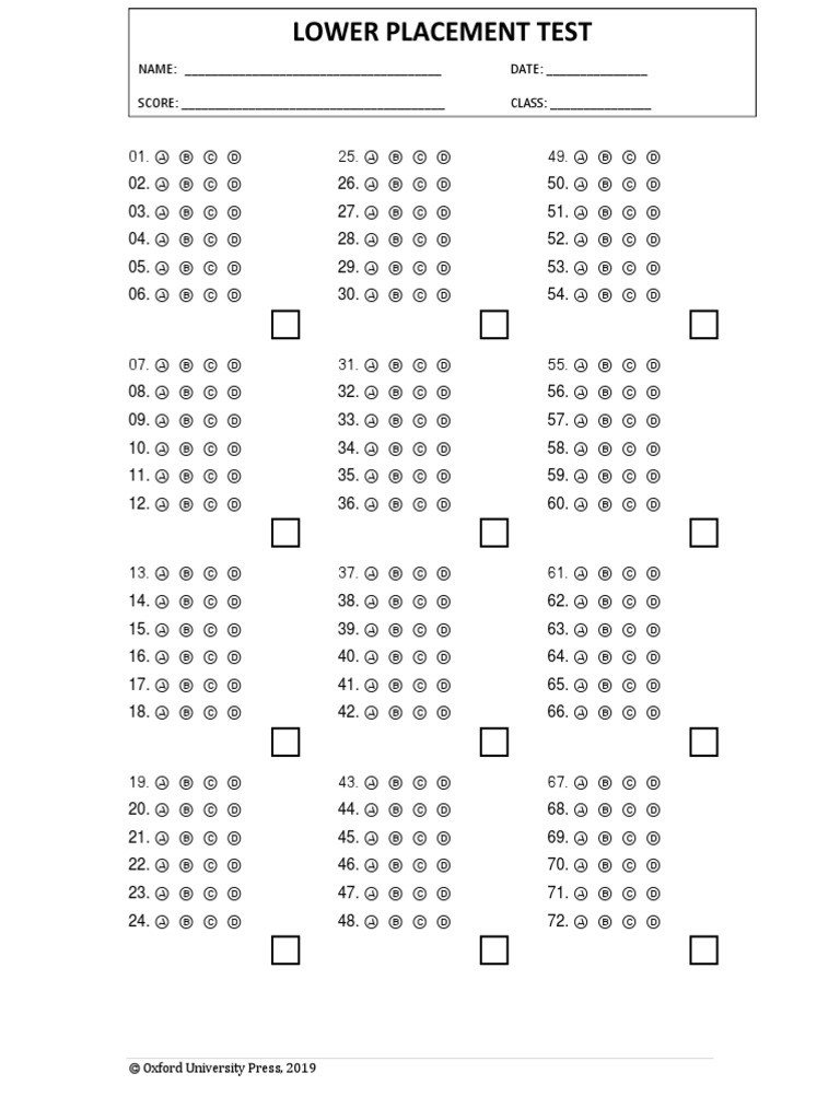Headway 5e Lower Placement Test ANSWER SHEET | PDF