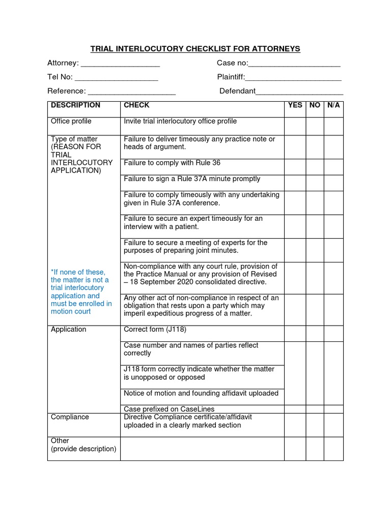 Trial Interlocutory Checklist for Attorneys | PDF