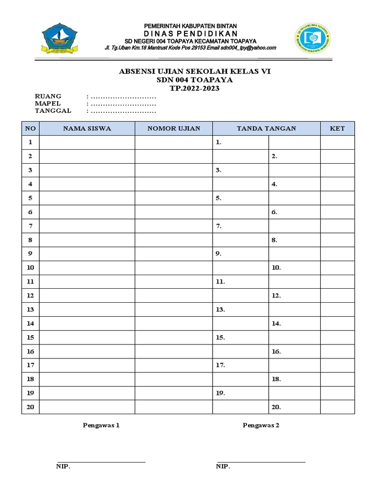 Absen Ujian Sekolah Kelas Vi Tp.2022-2023 | PDF